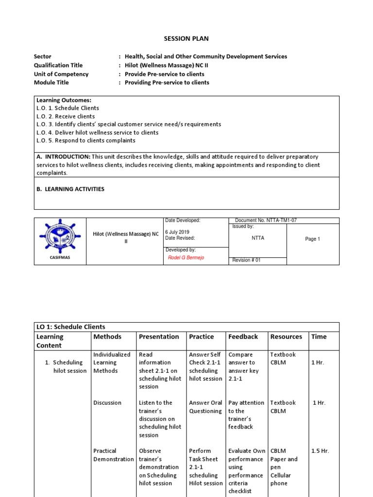 Session Plan: Hilot (Wellness Massage) NC II | PDF | Educational Assessment | Education Theory