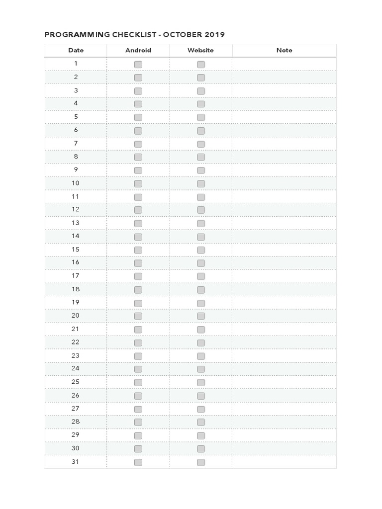 Programming Checklist - October 2019: Date Android Website Note | PDF