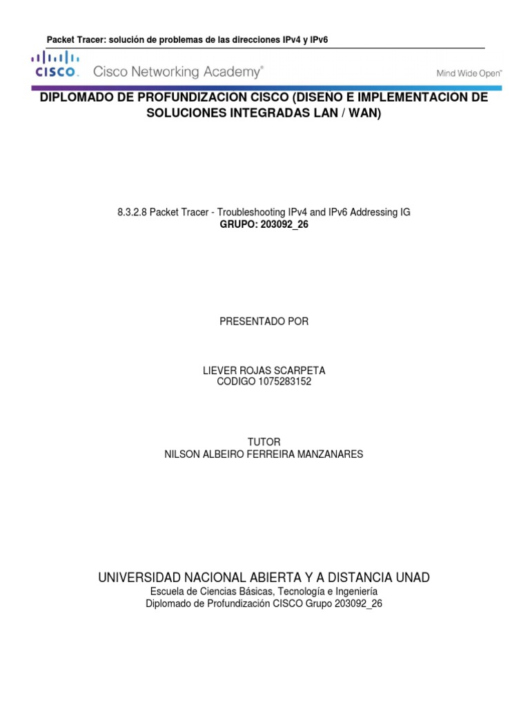 8.3.2.8 Packet Tracer - Troubleshooting IPv4 and IPv6 Addressing IG | PDF | Yo Pv6 | Dirección IP