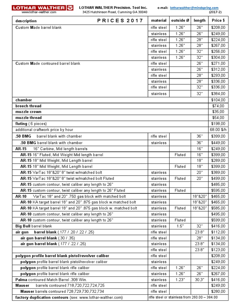 LOTHAR WALTHER Precision. Tool Inc Price List 2017 | PDF | Gun Barrel ...