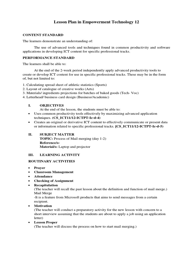 Lesson Plan in Empowerment Technology 12 | PDF | Educational Technology ...