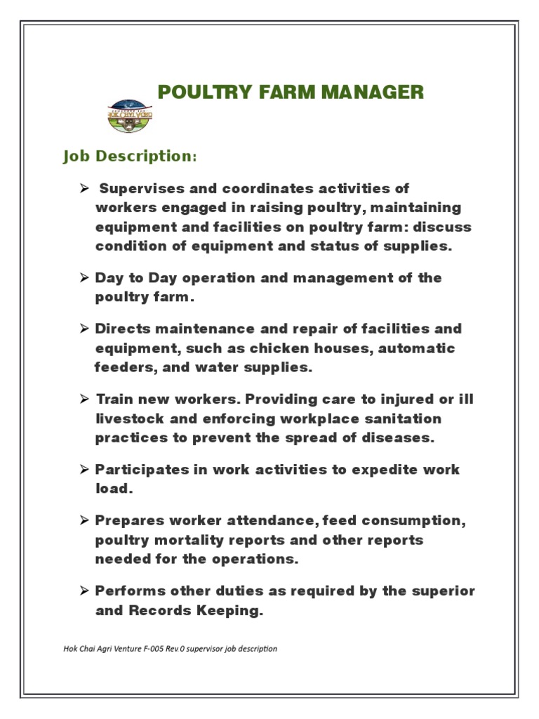 Poultry Farm Manager Job Description | PDF