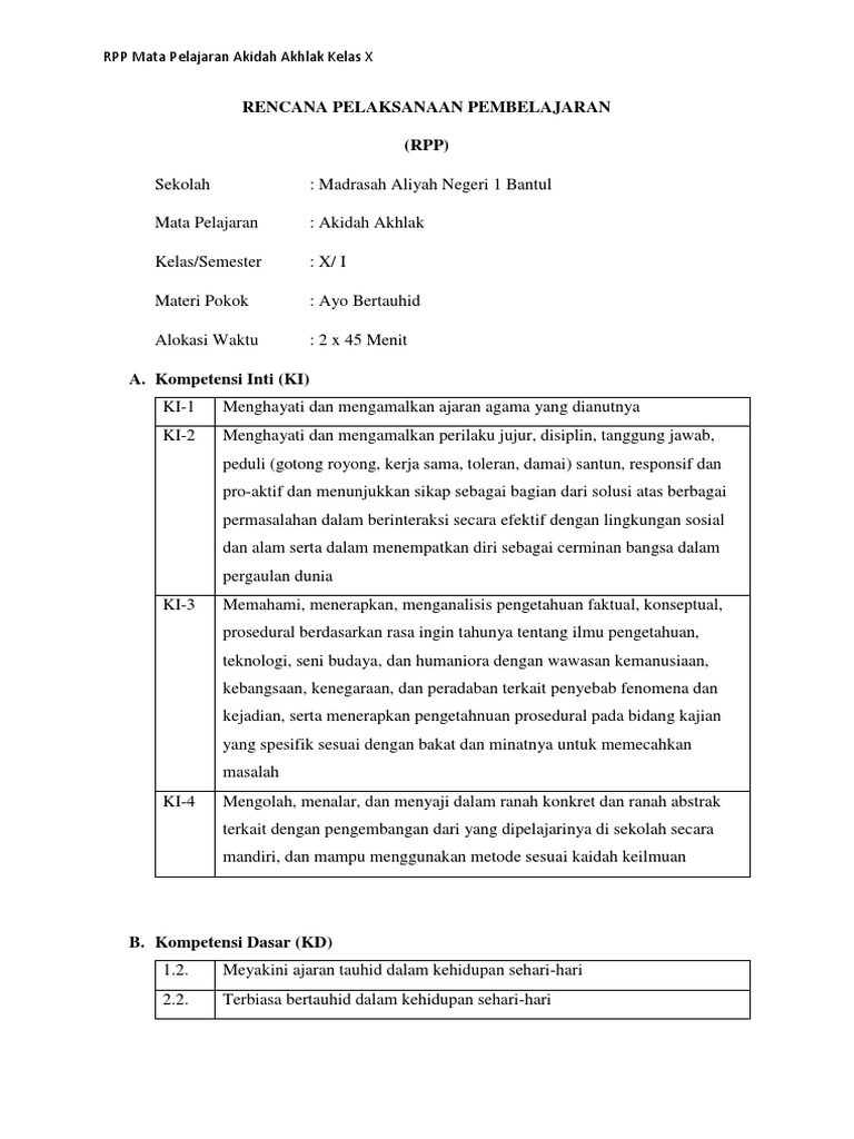 RPP Akidah Akhlak Kelas X Kurikulum 2013 Revisi | PDF