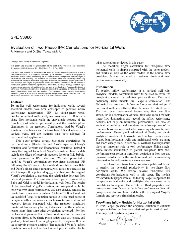 SPE 93986 Evaluation of Two-Phase IPR Correlations For Horizontal Wells ...