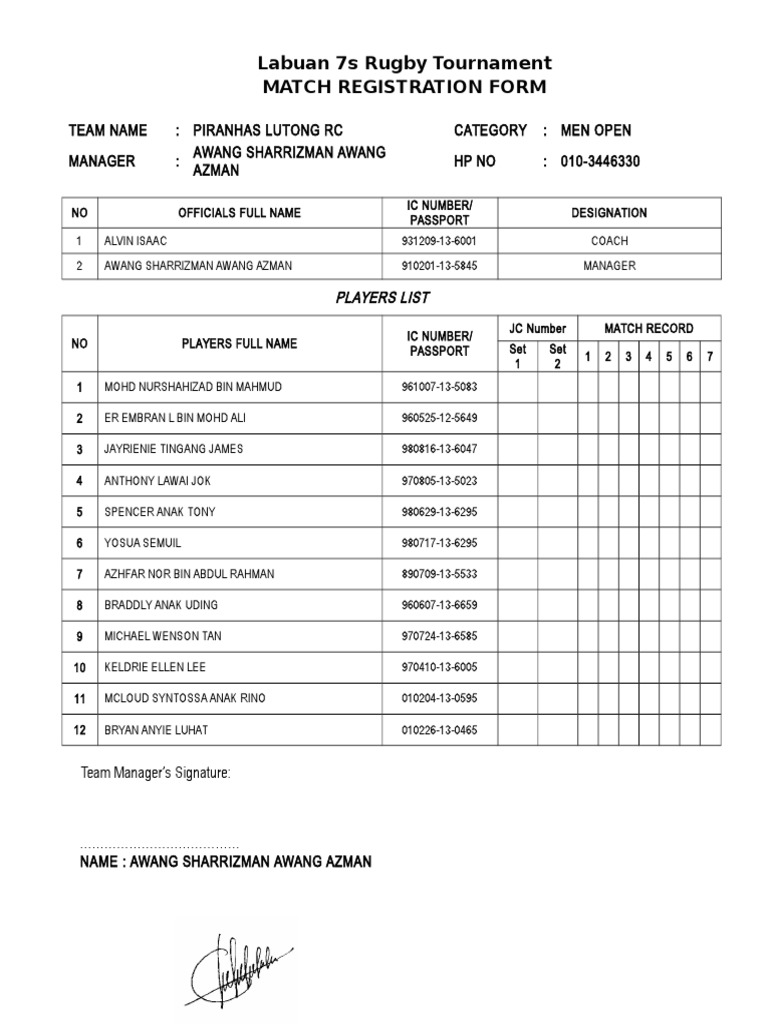 Labuan 7s Rugby Tournament Match Registration Form | PDF