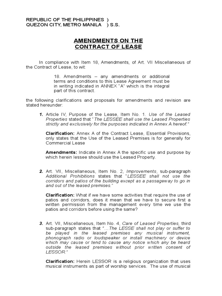 Amendments On The Lease Contract Agreement | PDF | Lease | Virtue