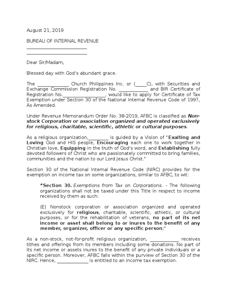 Request for Income tax Exemption | Nonprofit Organization | Tithe