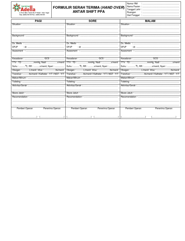 Formulir Serah Terima (Hand Over) Antar Shift Ppa: Pagi Sore Malam | PDF