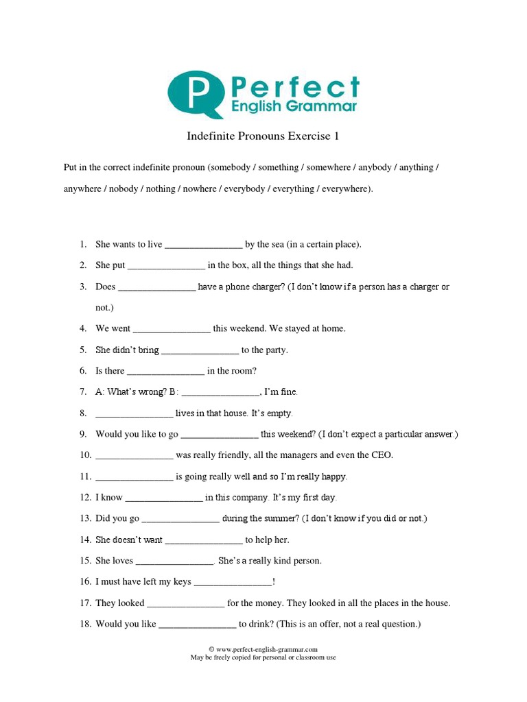 Indefinite Pronouns Exercise 1 | PDF