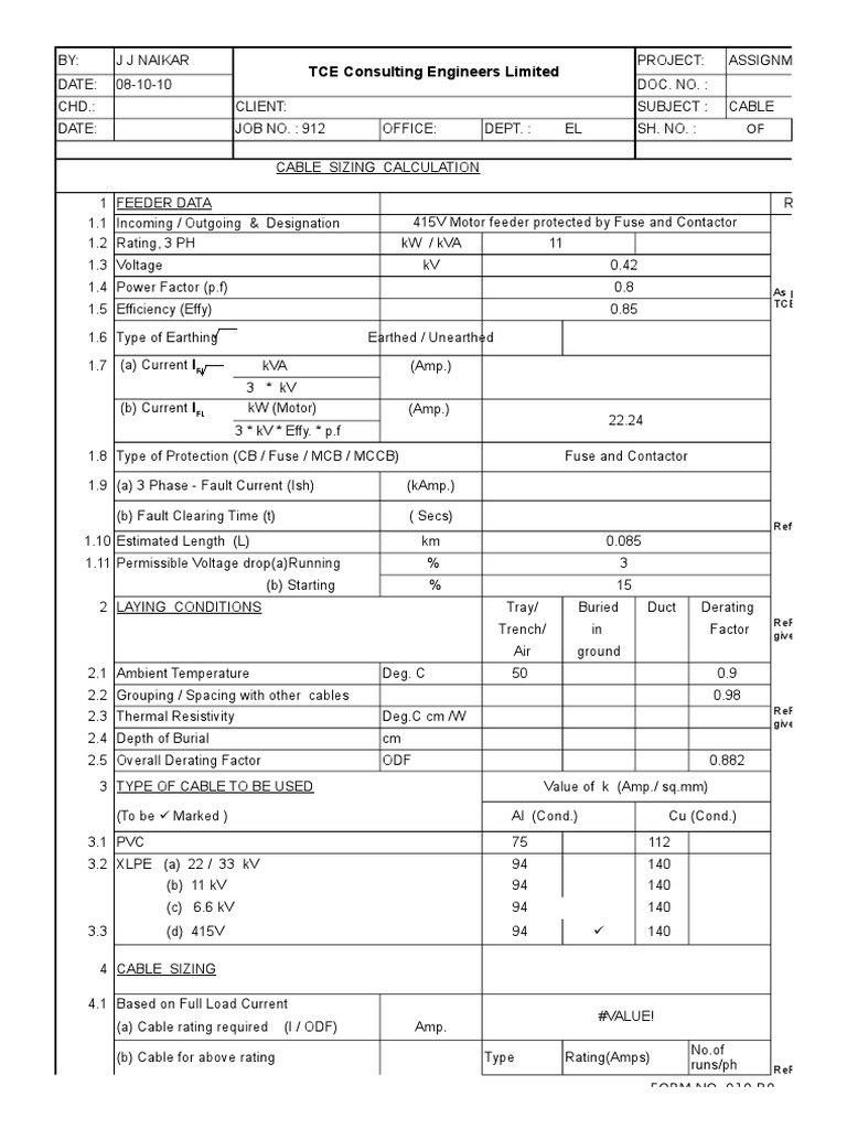 Cable Sizing Calculation Report | PDF | Voltage | Fuse (Electrical)