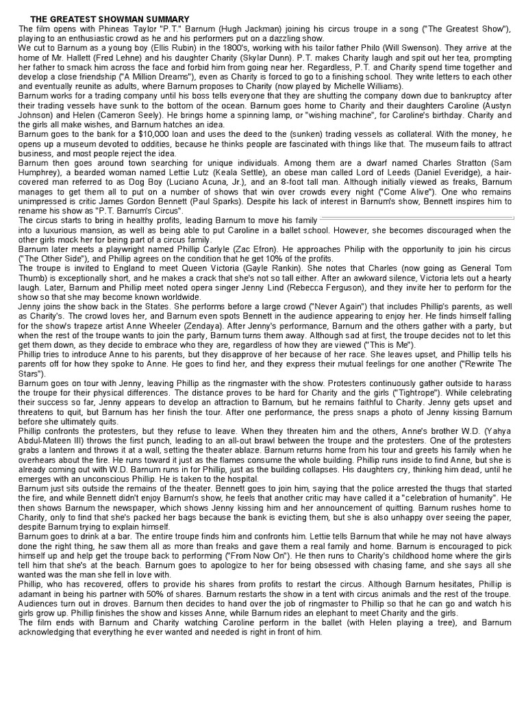 The Greatest Showman: A Summary | PDF | P. T. Barnum