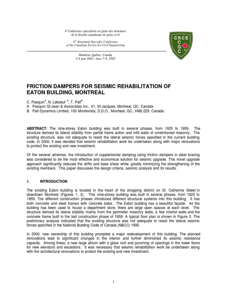 Friction Dampers For Seismic Rehabilitation of Eaton Building, Montreal ...