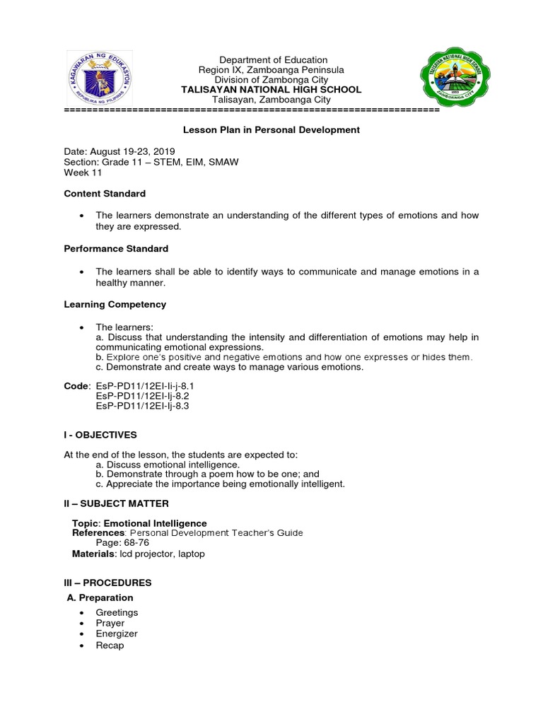 Emotional Intelligence Lesson Plan for Grade 11 | PDF | Emotional ...