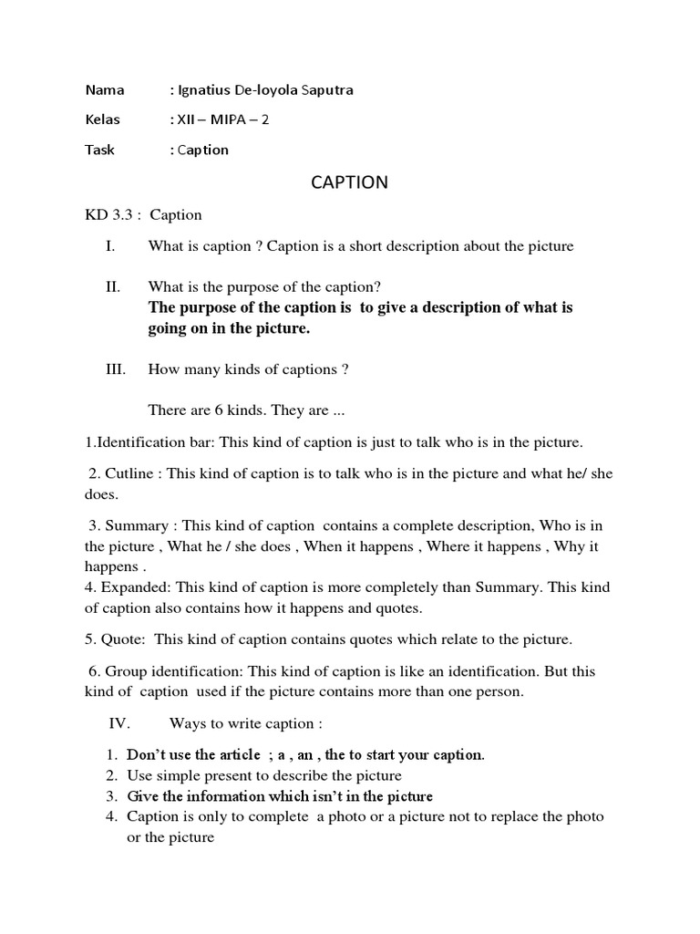 Caption: The Purpose of The Caption Is To Give A Description of What Is ...