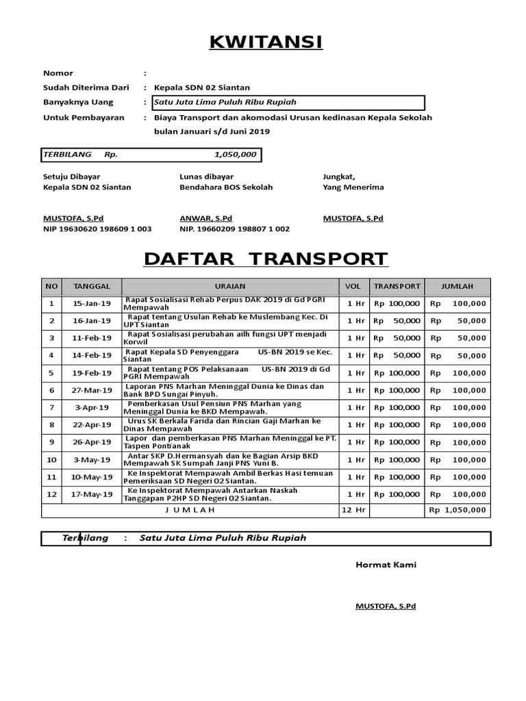 Kwitansi Pembayaran Biaya Transport | PDF