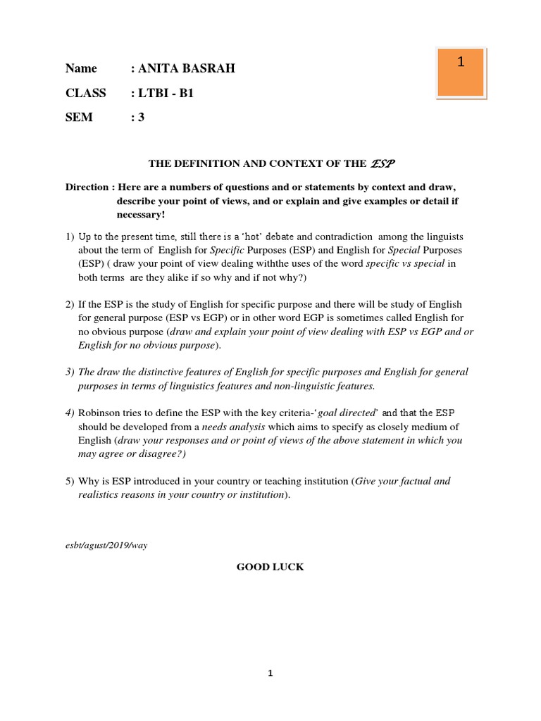 The ESP Task 1 - 2019 | PDF | English Language | Educational Assessment