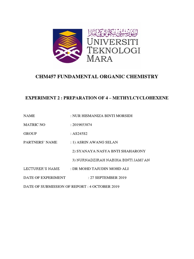 Chm457 Fundamental Organic Chemistry: Experiment 2: Preparation of 4 - Methylcyclohexene | PDF ...