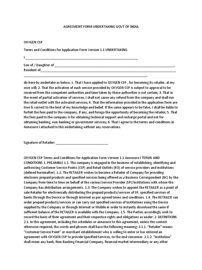 Agreement Form Undertaking Govt of India | PDF | Money Laundering | Banks
