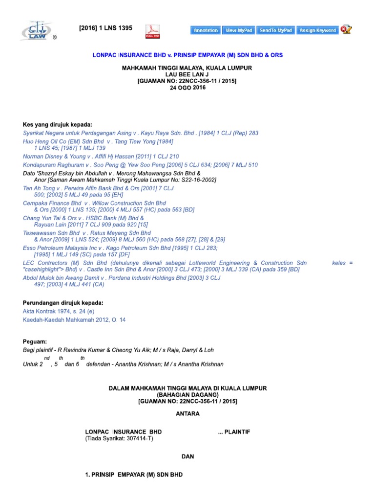 Lonpac Insurance BHD V Prinsip Empayar (M) SDN BHD & 5 Ors | PDF
