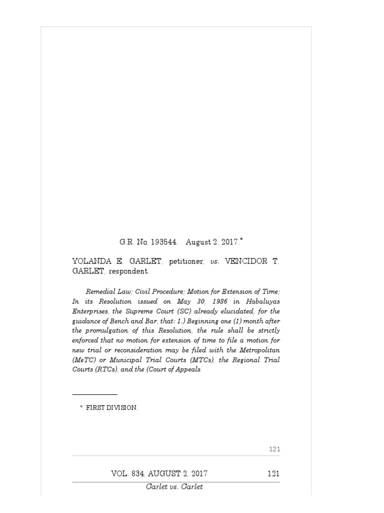 Garlet vs. Garlet, 834 SCRA 120, G.R. No. 193544 August 2, 2017 | PDF ...