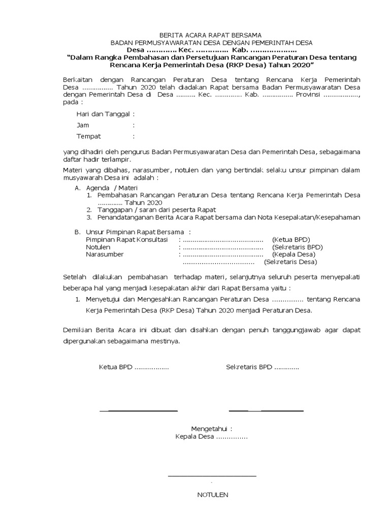 Berita Acara, Notulen, Daftar Hadir, SK BPD Terkait Rapat Bersama Kades Dan BPD TTG Penetapan ...