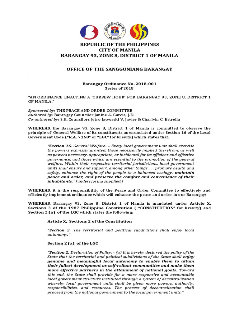 Ordinance No. 2018 001 Curfew Hour | PDF | Local Government | Social ...