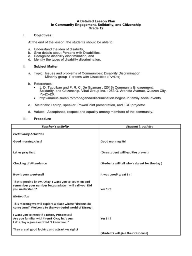 A Detailed Lesson Plan in Community Engagement, Solidarity, and ...