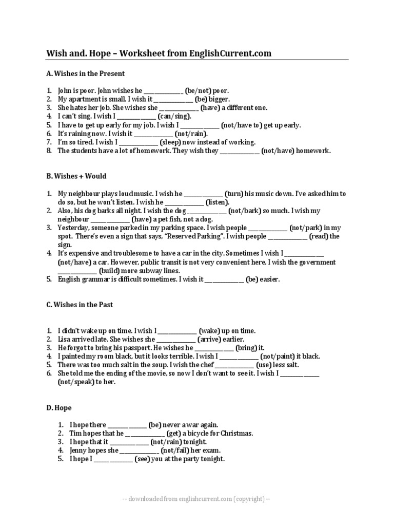 Wish Hope Worksheet Esl | PDF