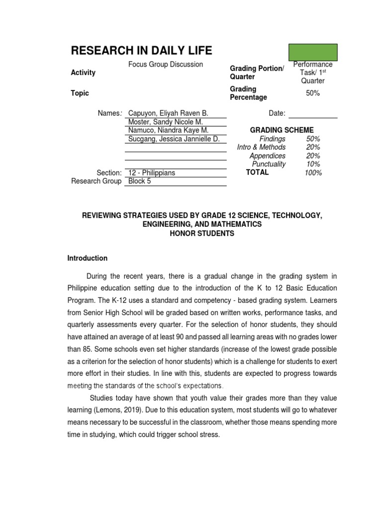 Reviewing Strategies Used by Grade 12 Science, Technology, Engineering ...
