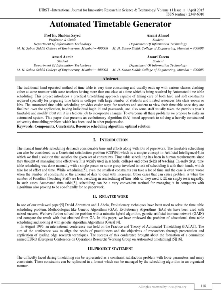 Automatic Timetable Generator Pdf Genetic Algorithm Mathematical