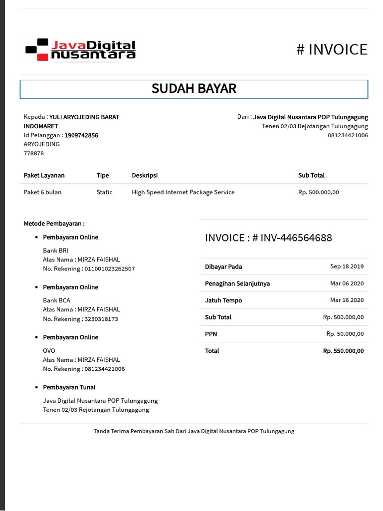 Contoh Invoice Pembayaran Internet | PDF