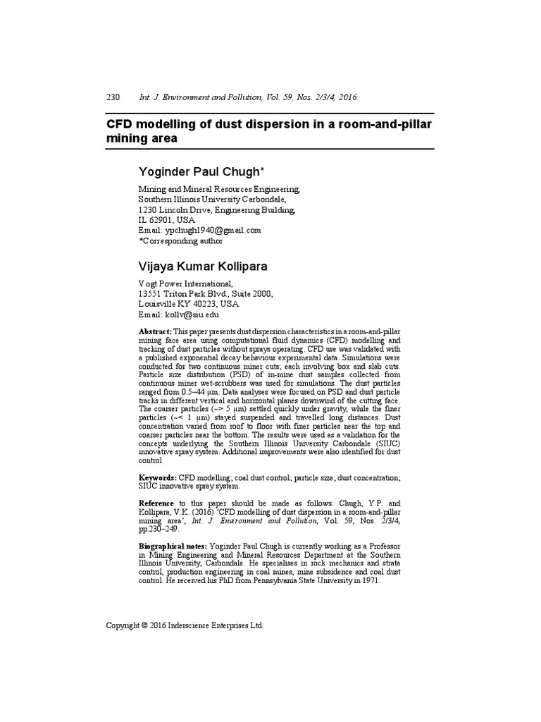 CFD Modelling of Dust Dispersion in A Room-And-Pillar Mining Area | PDF ...