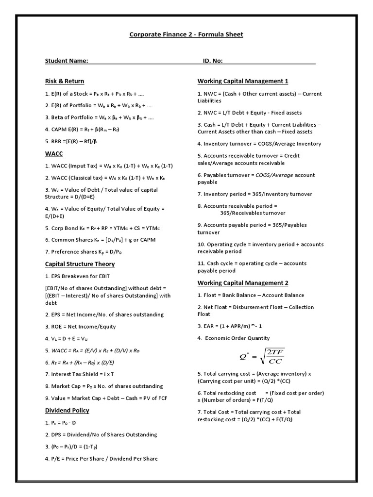 CF2 Formula Sheet MGB Sep 18 | PDF | Equity (Finance) | Capital Asset ...