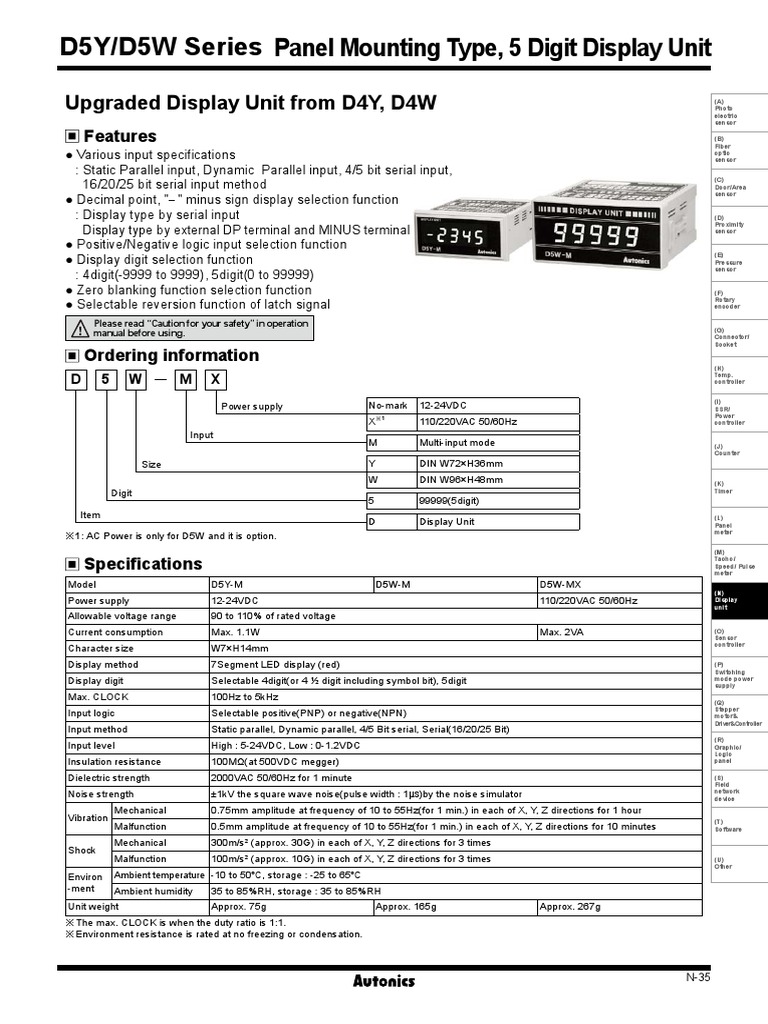 Panel Mounting Type, 5 Digit Display Unit D5Y/D5W Series | PDF ...
