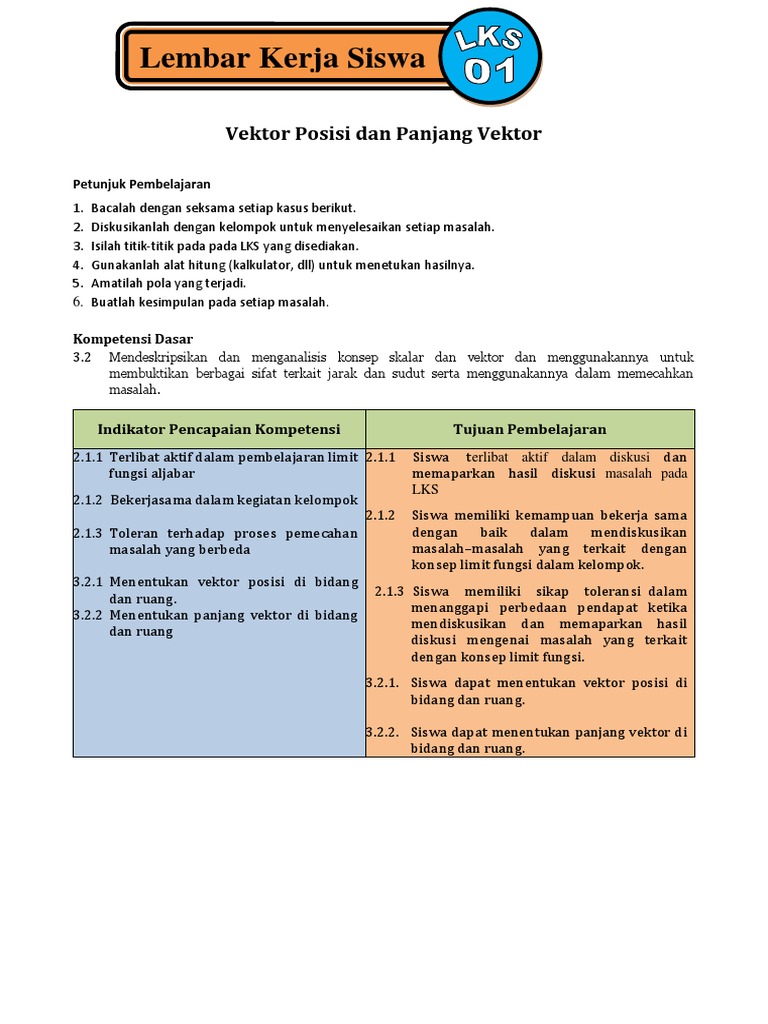 Lks 01 Vektor Posisi Dan Panjang Vektor | PDF