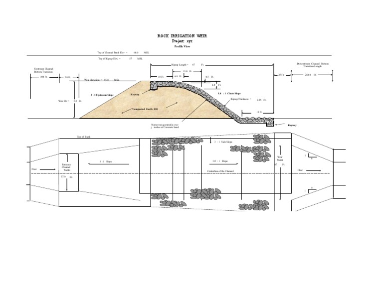 Design profile view of a rock irrigation weir showing dimensions and ...
