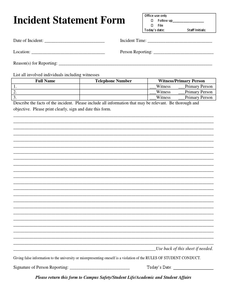 Incident Statement Form: Full Name Telephone Number Witness/Primary ...