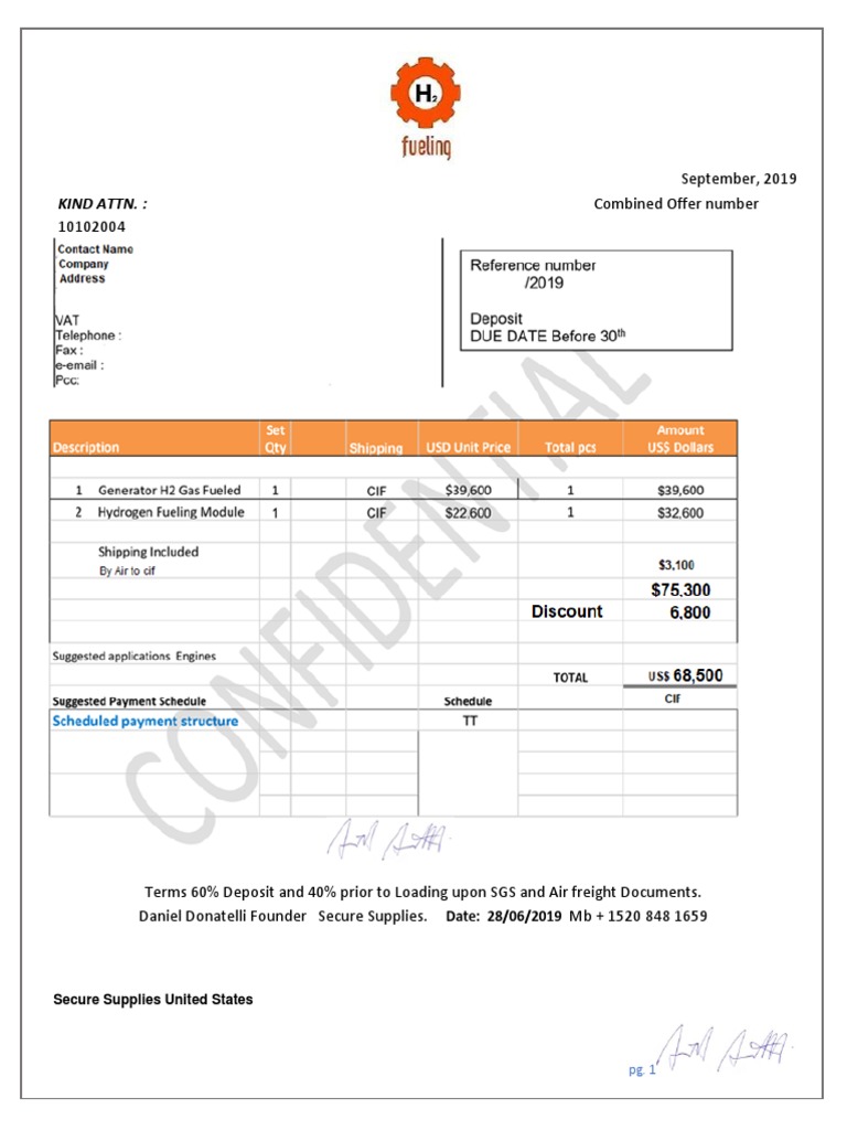 Proforma Offer Hydrogen Fueled Genset Generator 50 KW June 2019 V7 ...