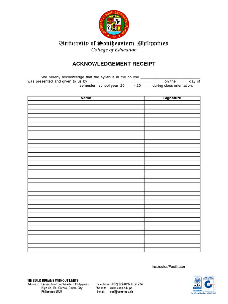 University of Southeastern Philippines: Acknowledgement Receipt | PDF