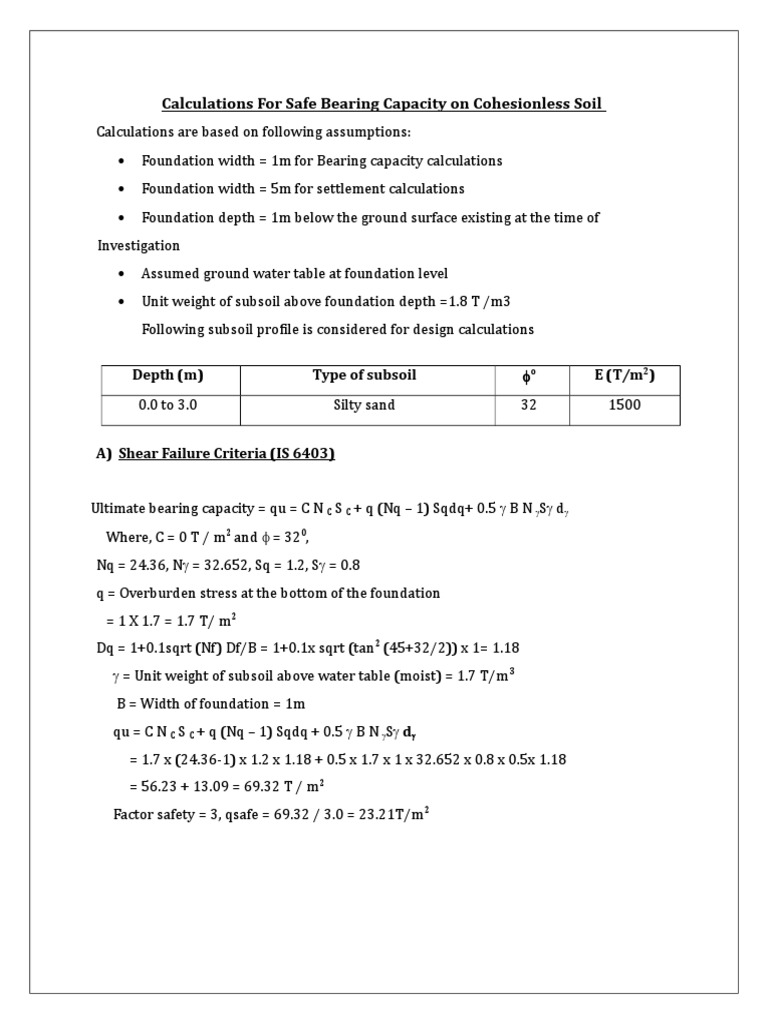 Calculations For Safe Bearing Capacity | PDF | Solid Mechanics | Materials