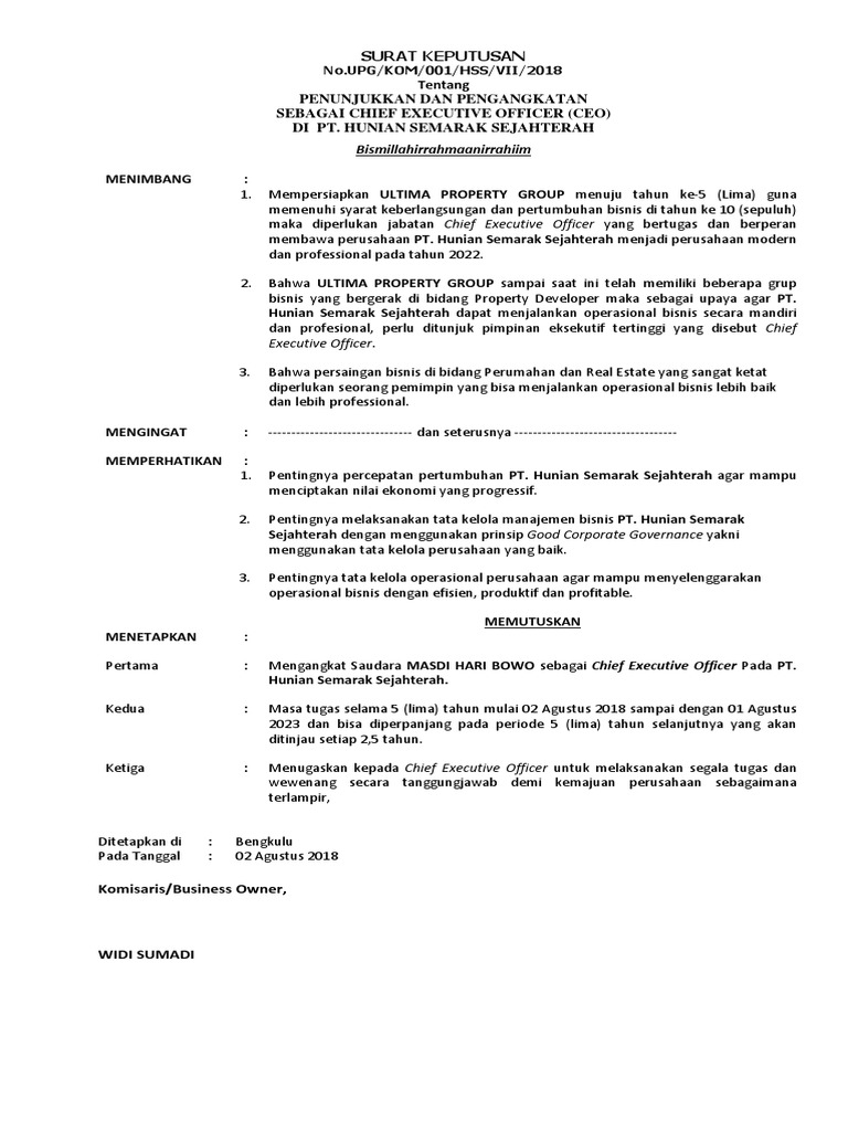 Contoh Surat Pengangkatan Ceo Dari Business Owner Ceo Hss | PDF