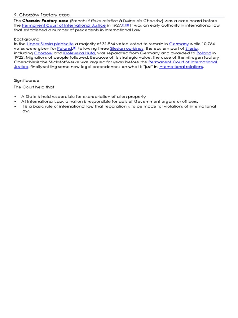 Chorzów Factory Case: Permanent Court of International Justice | PDF