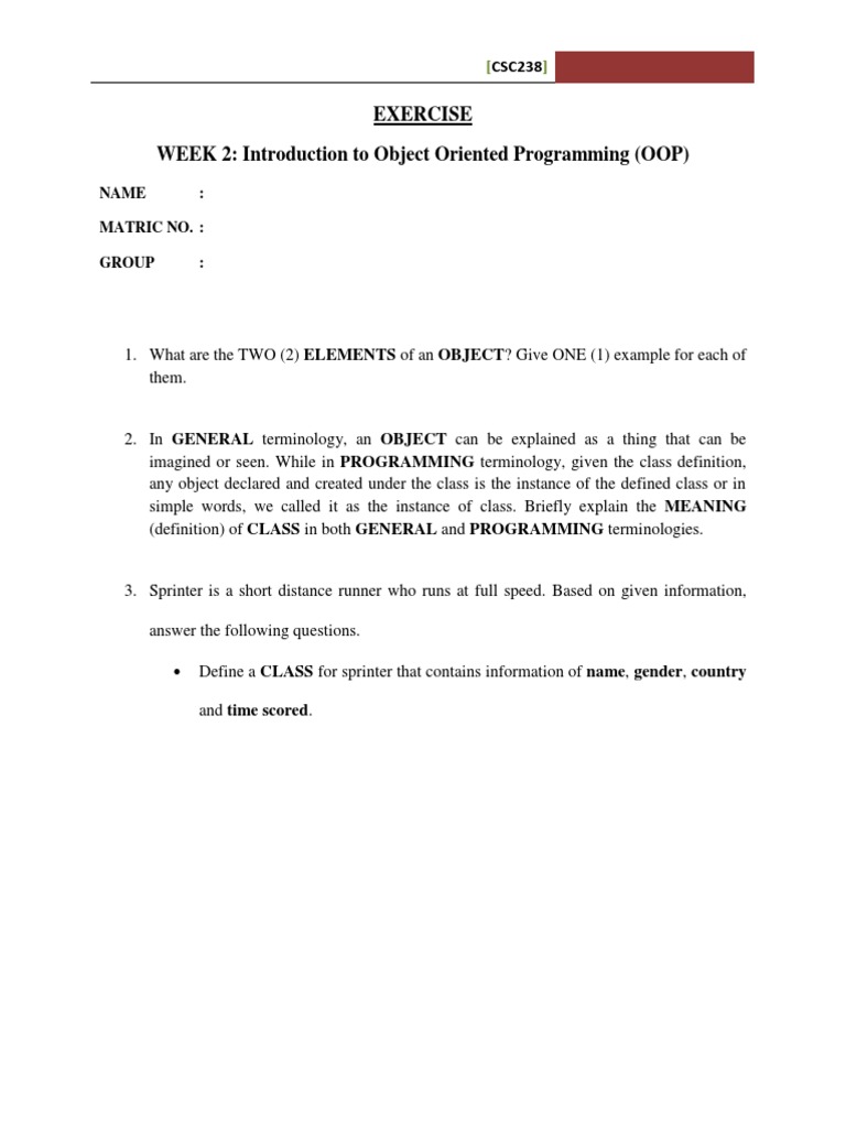 Exercise WEEK 2: Introduction To Object Oriented Programming (OOP) | PDF