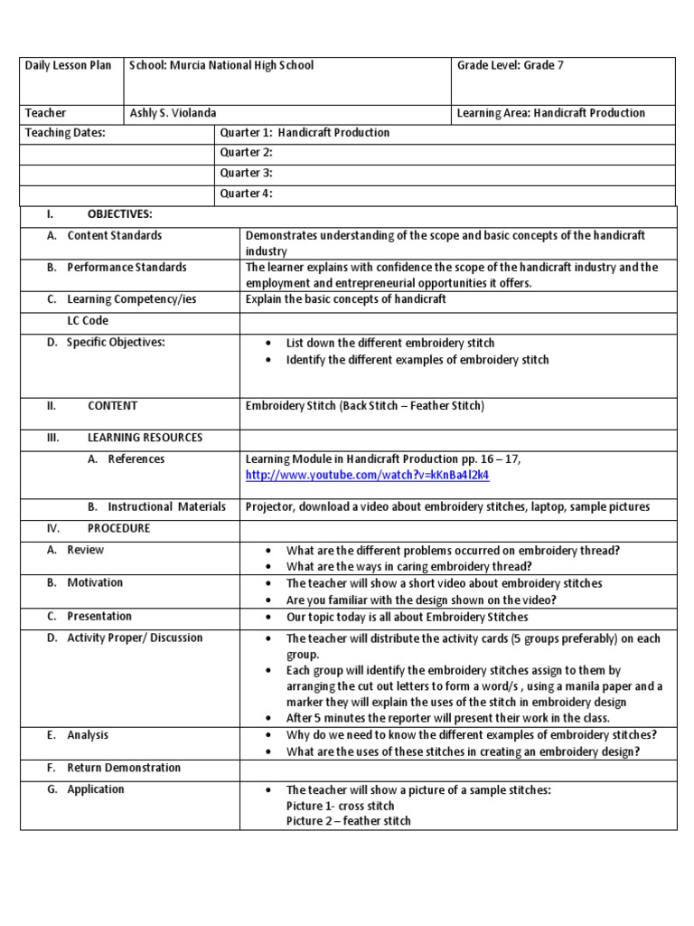 Daily Lesson Plan Handicrafts5 | PDF | Embroidery | Lesson Plan