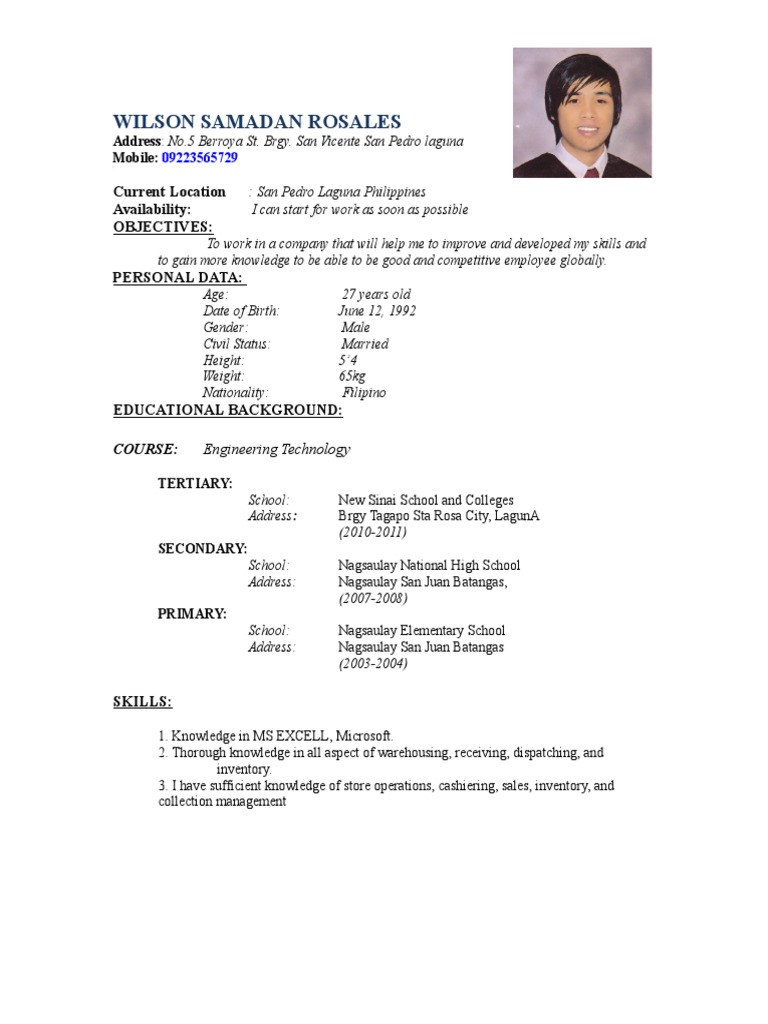 Wilson Samadan Rosales: Current Location Availability: Objectives ...