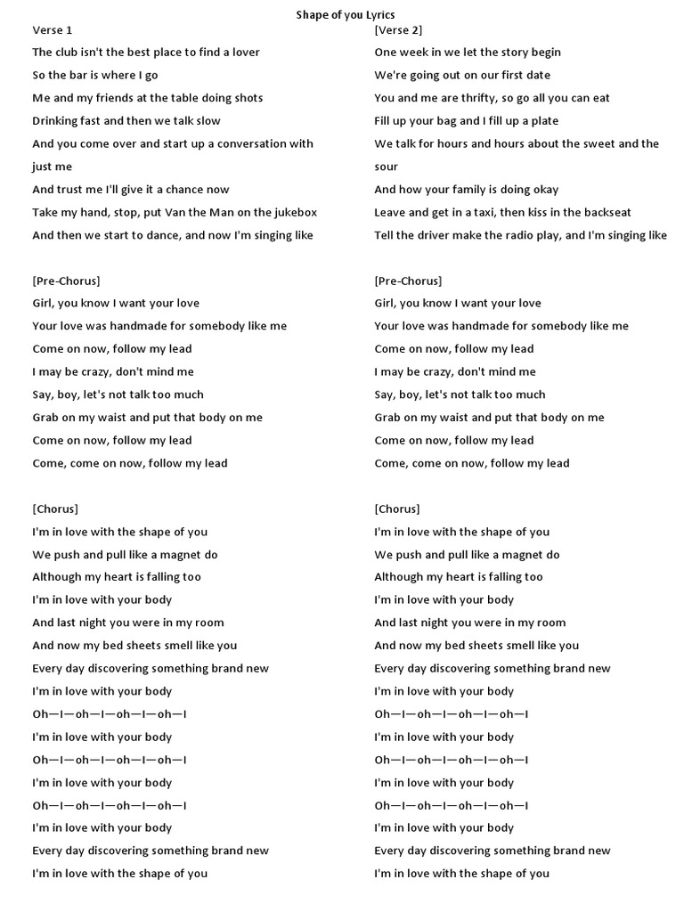Shape of You Lyrics | PDF | Entertainment (General)