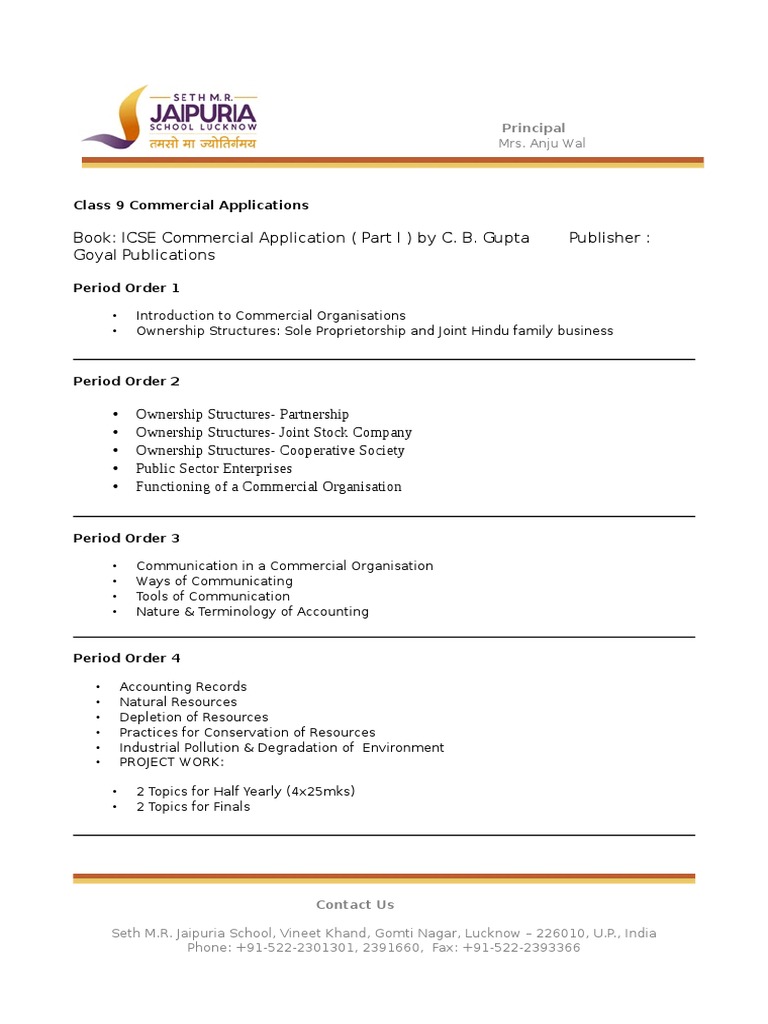Class 9 ICSE Commercial Applications Syllabus | PDF