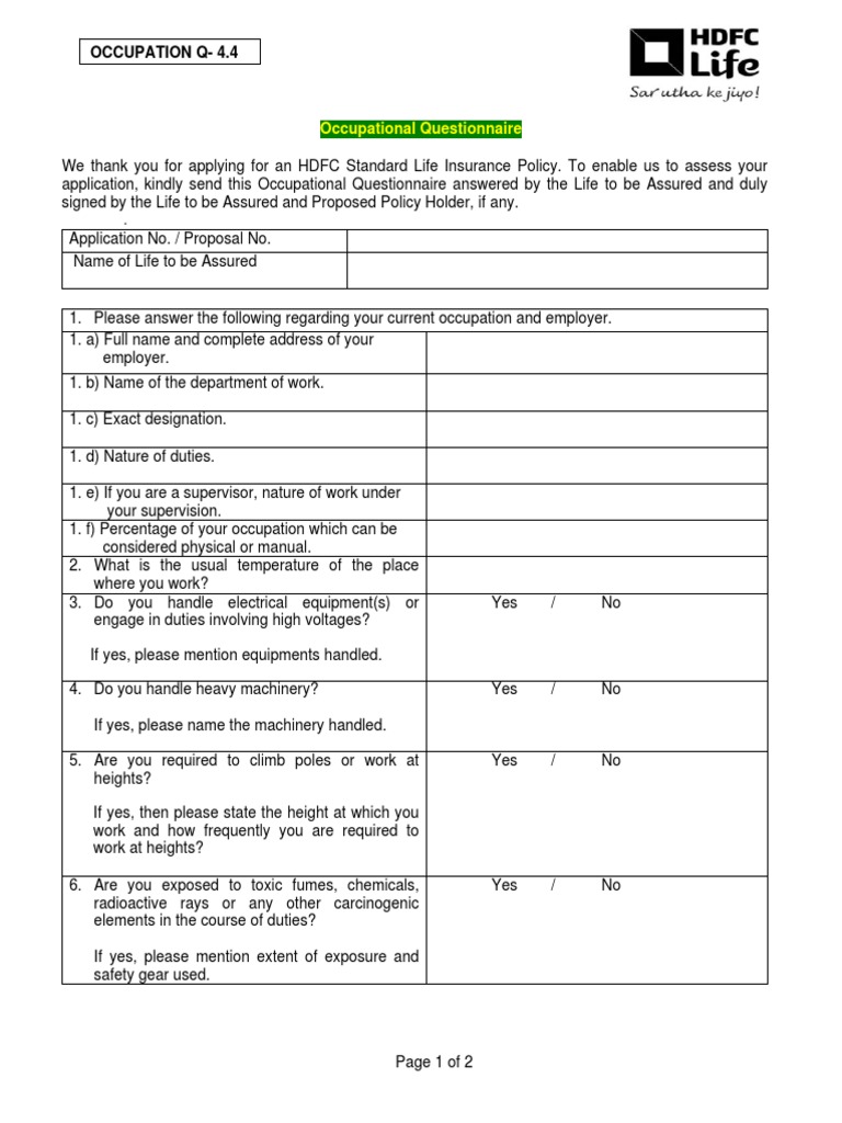 Occupational Questionnaire HDFC | PDF | Occupational Safety And Health ...