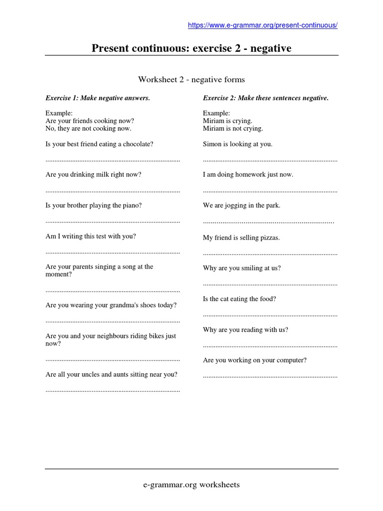 Negative Form Exercises for Present Continuous | PDF | Foods
