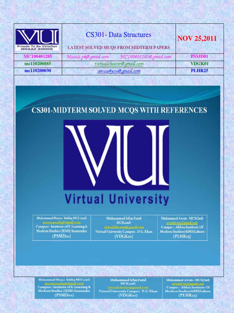 Solved MCQs from Data Structures Midterm Examination with Student Details | PDF | Parameter ...